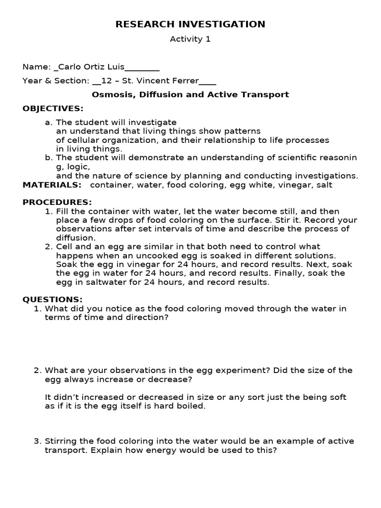 Activity 1 Osmosis Diffusion and Active Transport | PDF