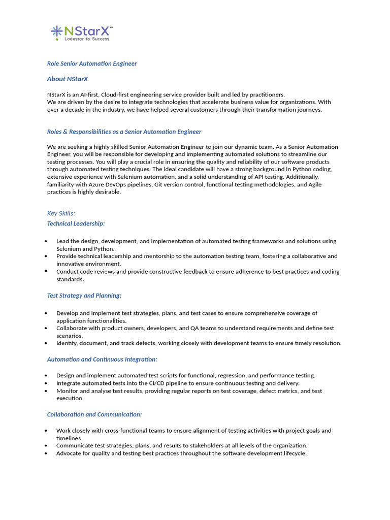 JD - QA Automation Lead | PDF