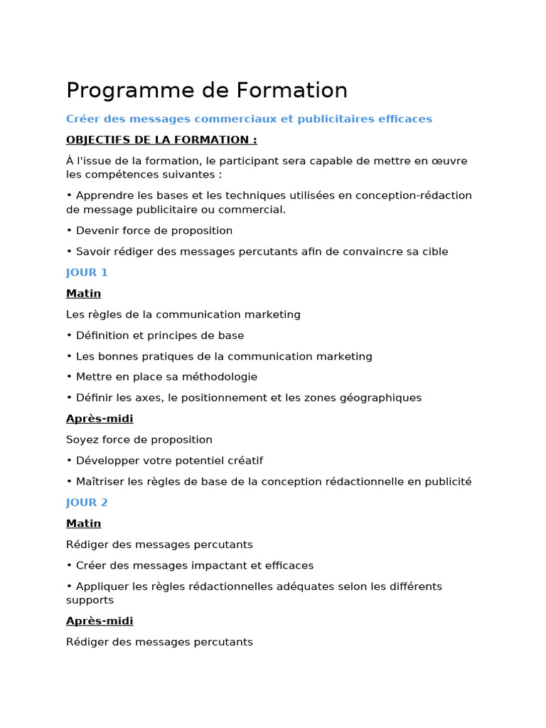 Programme de Formation 1 Créer Des Messages Commerciaux Et Publicitaire ...
