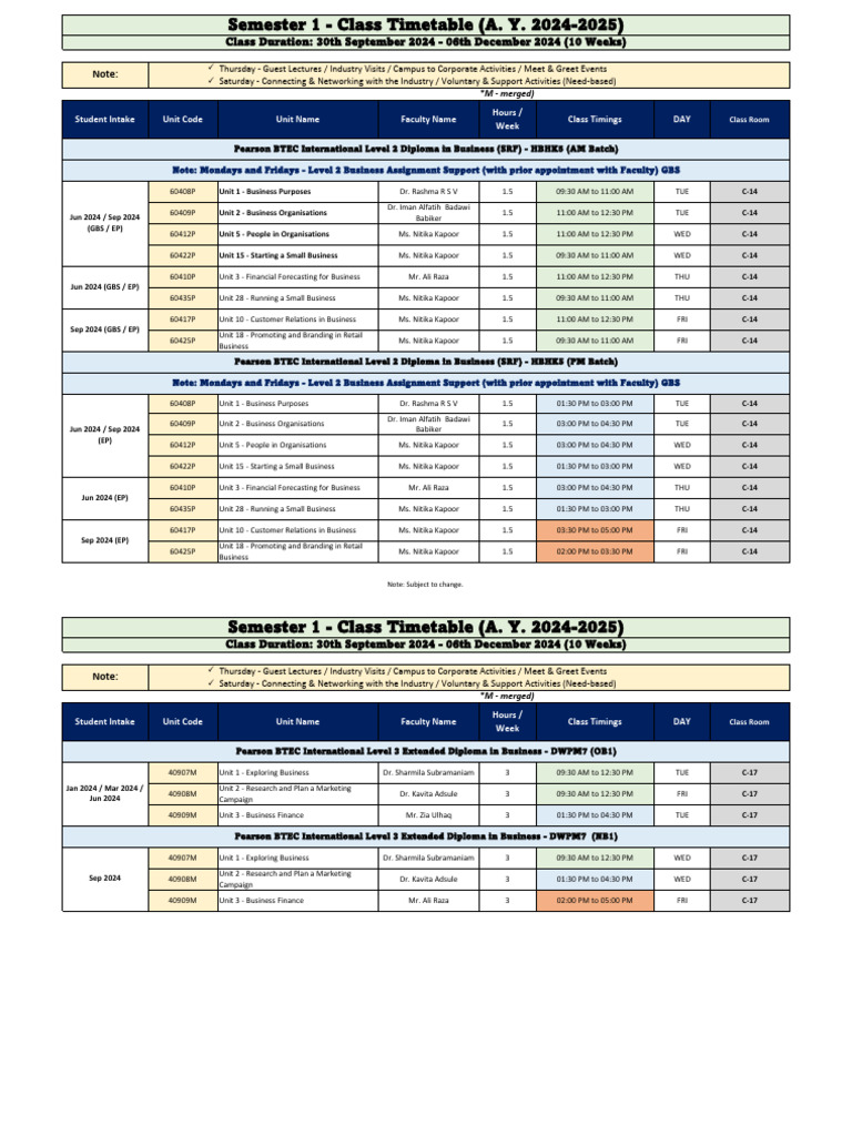 Class Timetable - Semester 1 (24-25) GBS Dubai - 240829 - 092549 | PDF