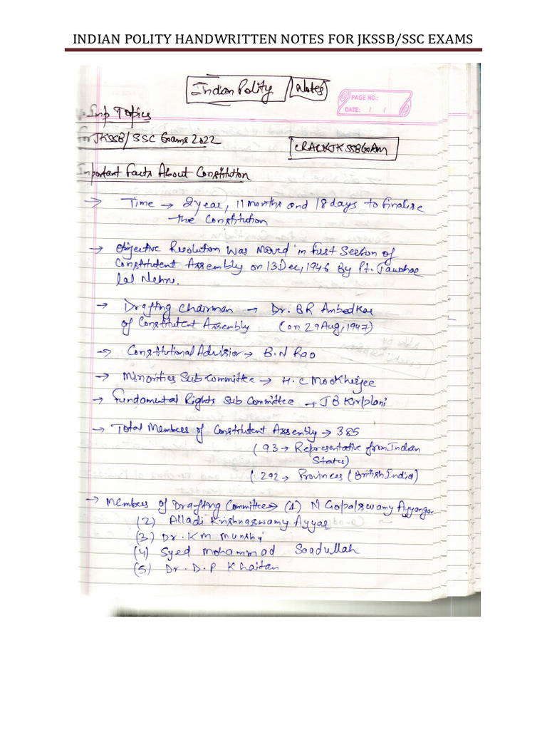 Indian Polity Handwritten Notes For JKSSB SSC Exams Crackjkssbexam | PDF