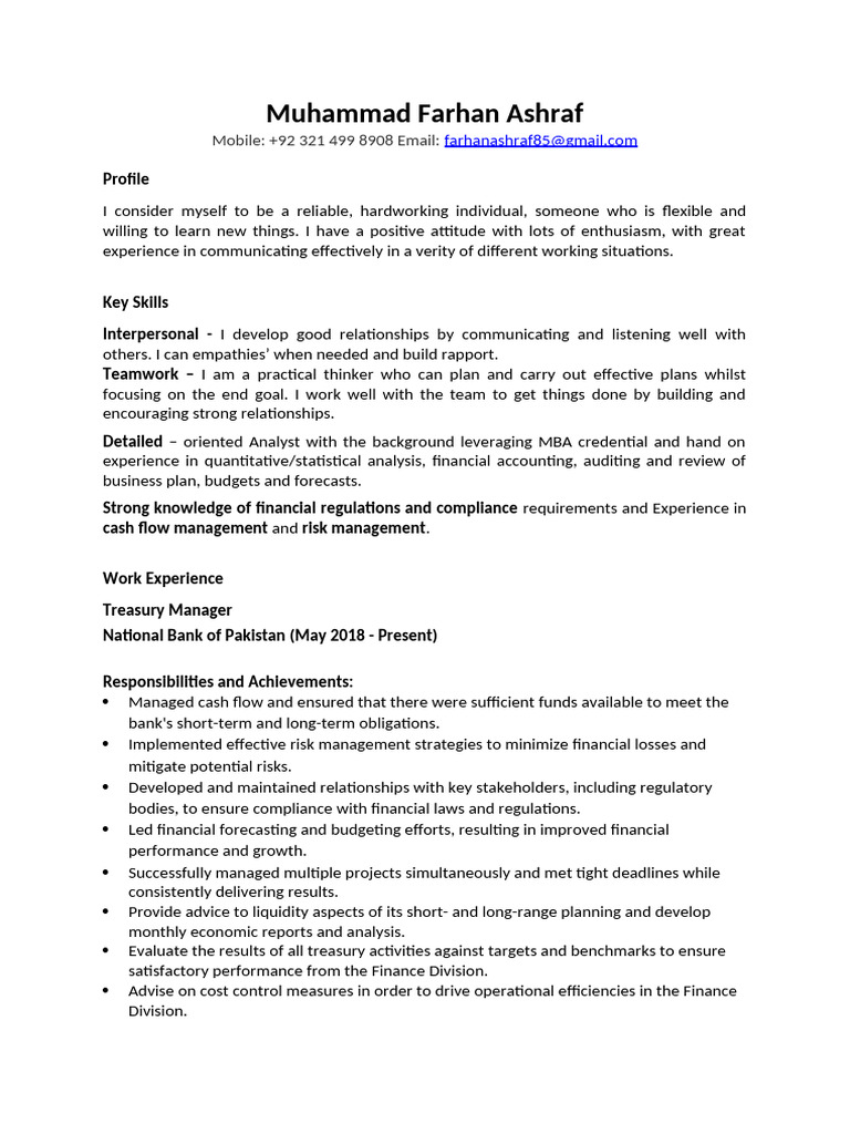 FARHAN (Resume Treasury Manager) | PDF | Banks | Risk Management