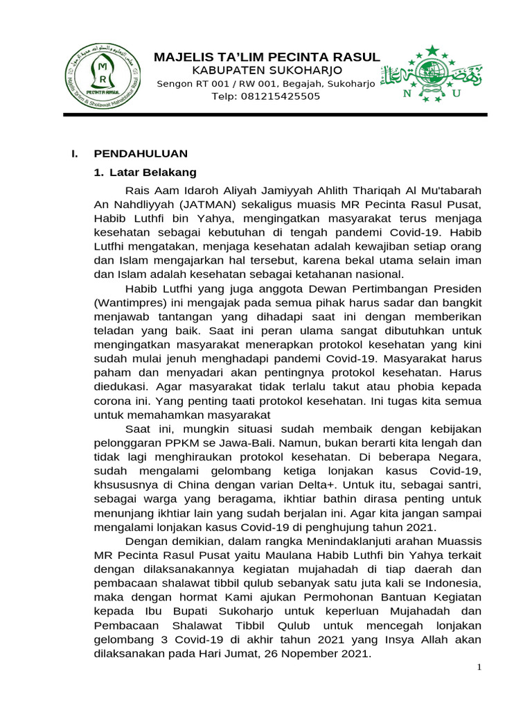 Proposal MAJELIS TA'LIM PECINTA RASUL | PDF