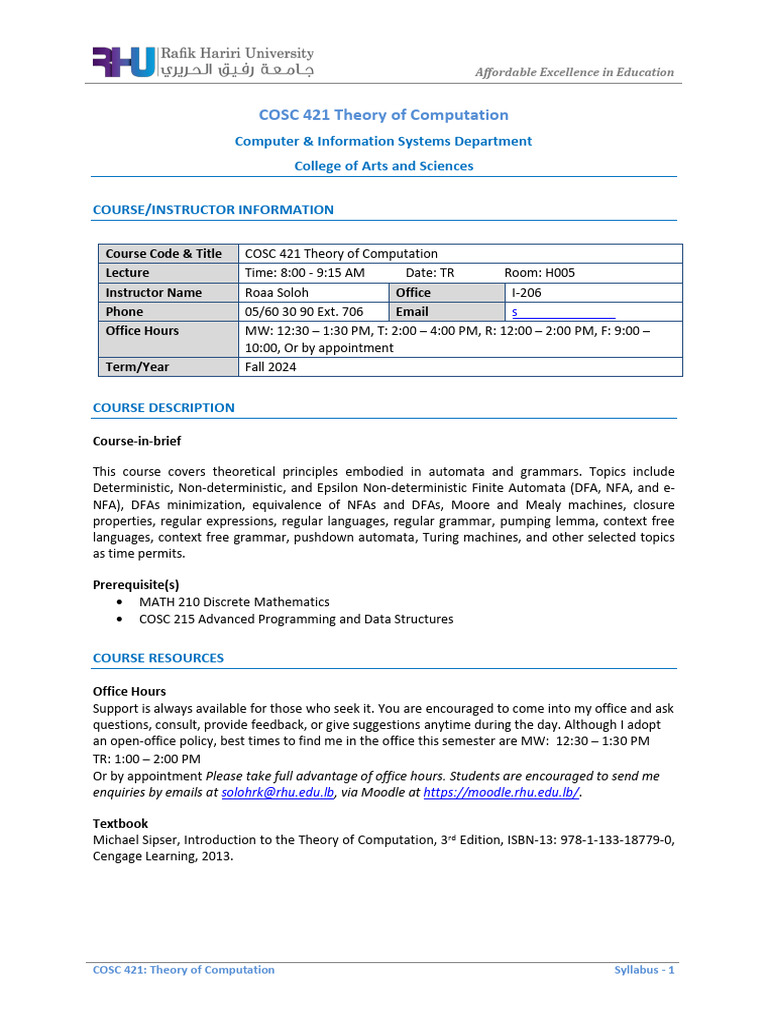 COSC 421 Section 1 Syllabus Fall 2024 | PDF