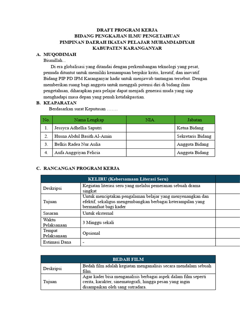 Tamplate Draft Program Kerja PD IPM Bidang PIP | PDF