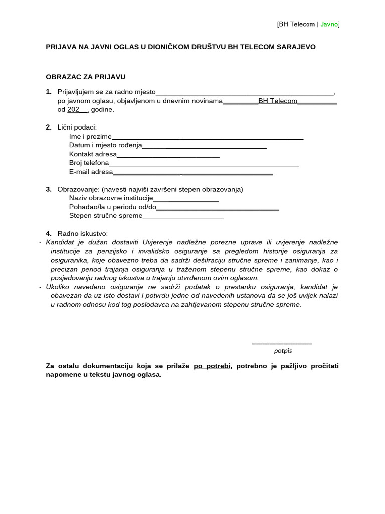 BH Telecom Obrazac Za Javni Oglas | PDF