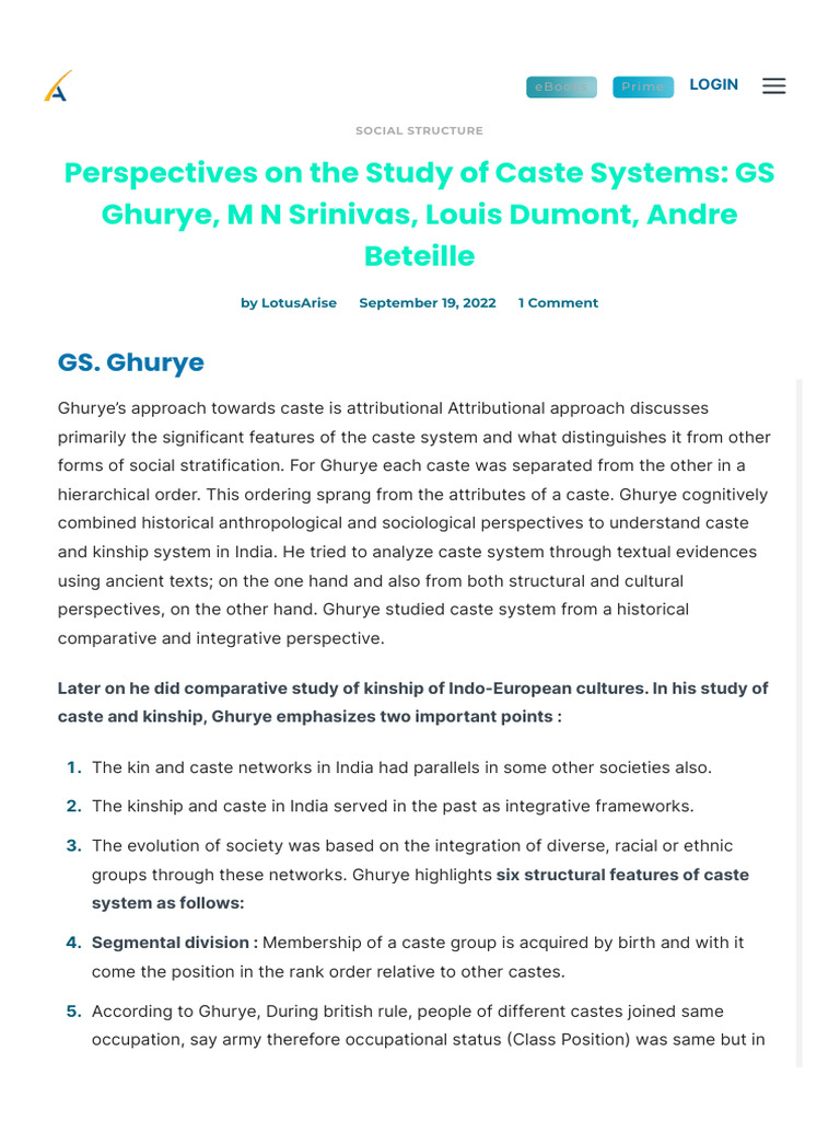 Perspectives On The Study of Caste Systems: GS Ghurye, M N Srinivas, Louis Dumon | PDF