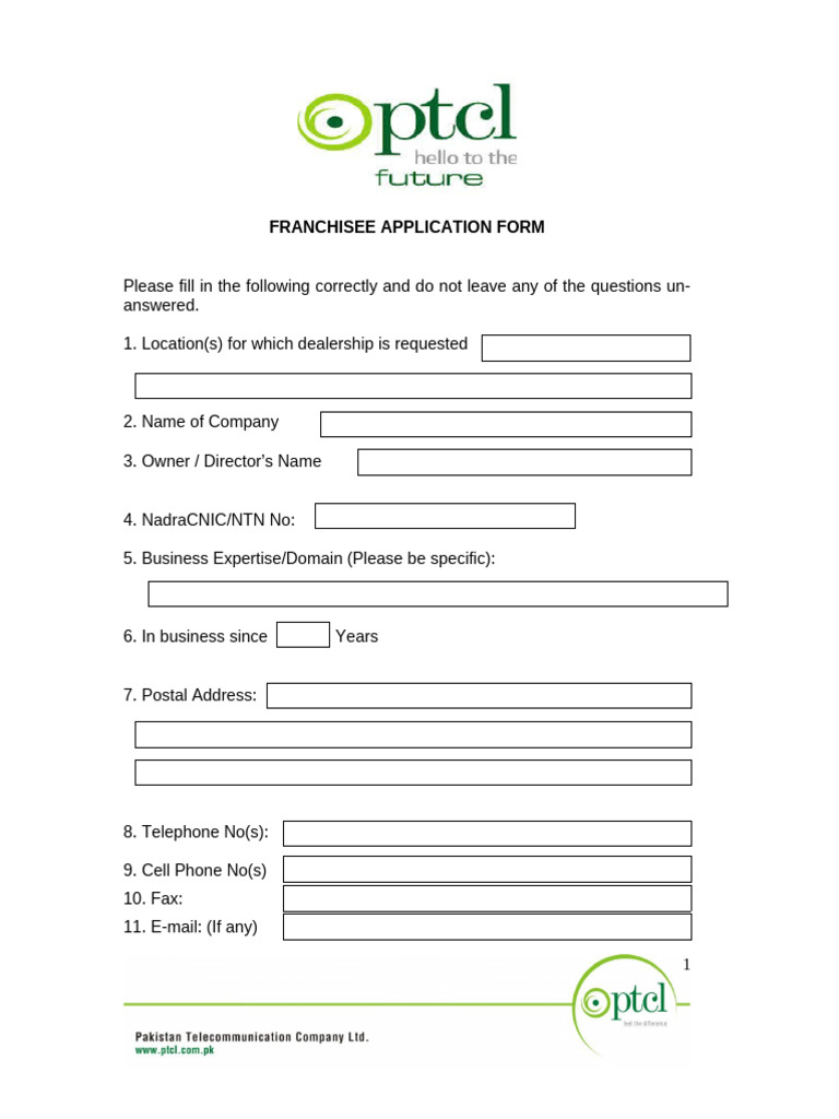 PTCL Franchisee Application Form | PDF