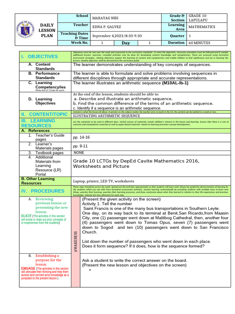 DLL Cot1 q1 Arithmeticsequence | PDF | Learning | Cognition