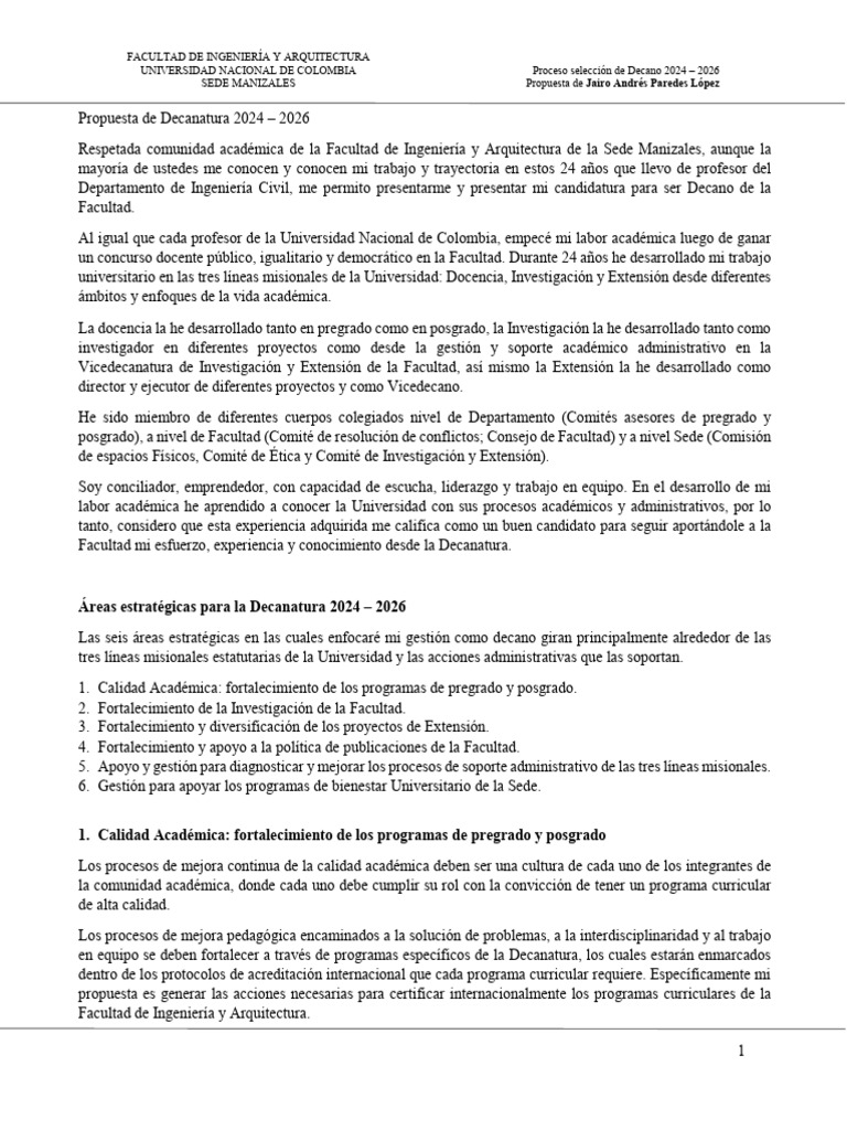 Propuesta Jairo Paredes Candidato Decano FIA 2024 2026 5p | PDF