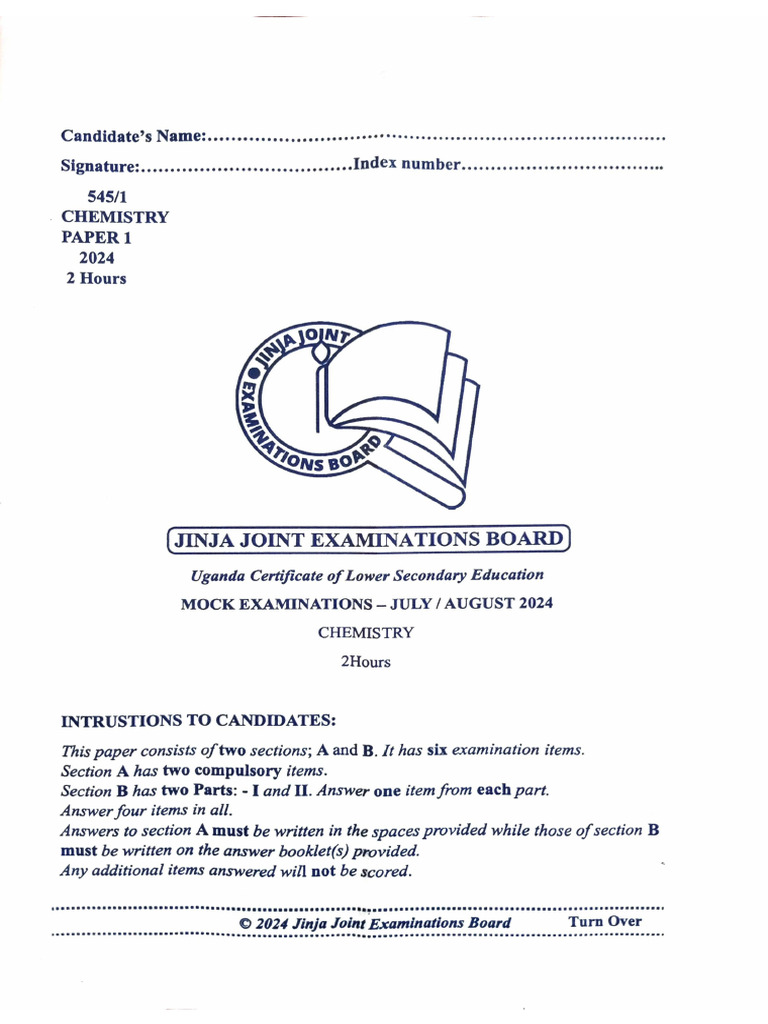 Jjeb Joint Examination Board Uce Chemistry P1 Past Paper 2024 PDF | PDF