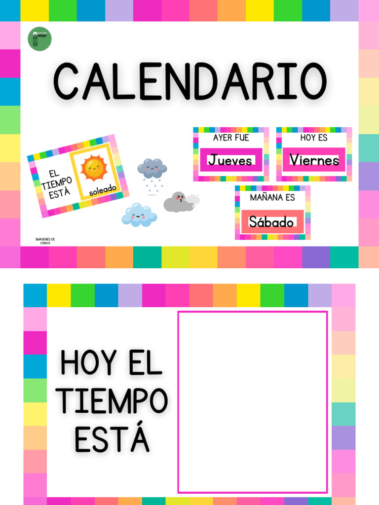 Colorido Calendario para La Clase Dias de La Semana y Tiempo | PDF