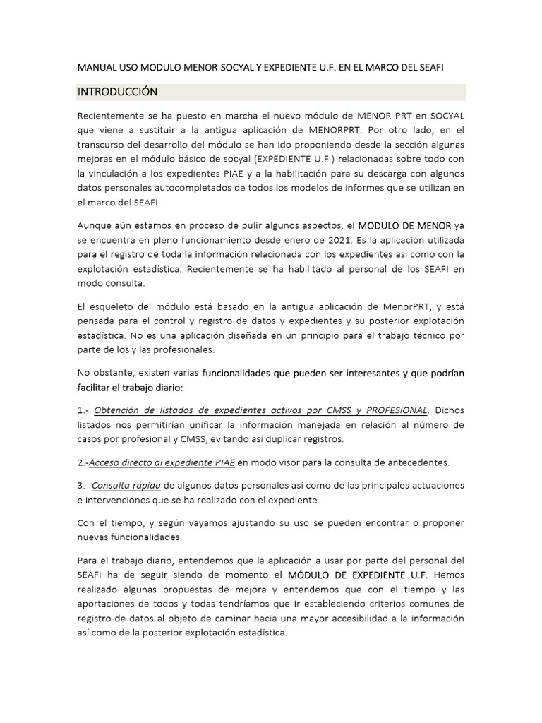 Manual Uso Modulo Menor Socyal. Seafi | PDF