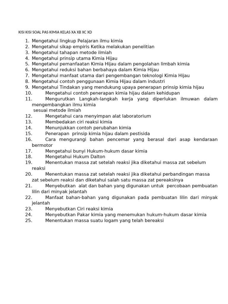 KISI KISI KIMIA Kelas XA XB XC XD SEM 1 TH 2023-2024 Ibu Rahmaniar | PDF | Sains & Matematika ...