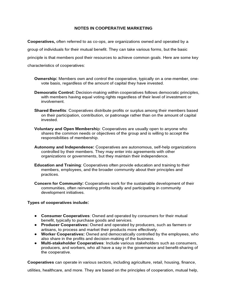Notes in Cooperative Marketing | PDF