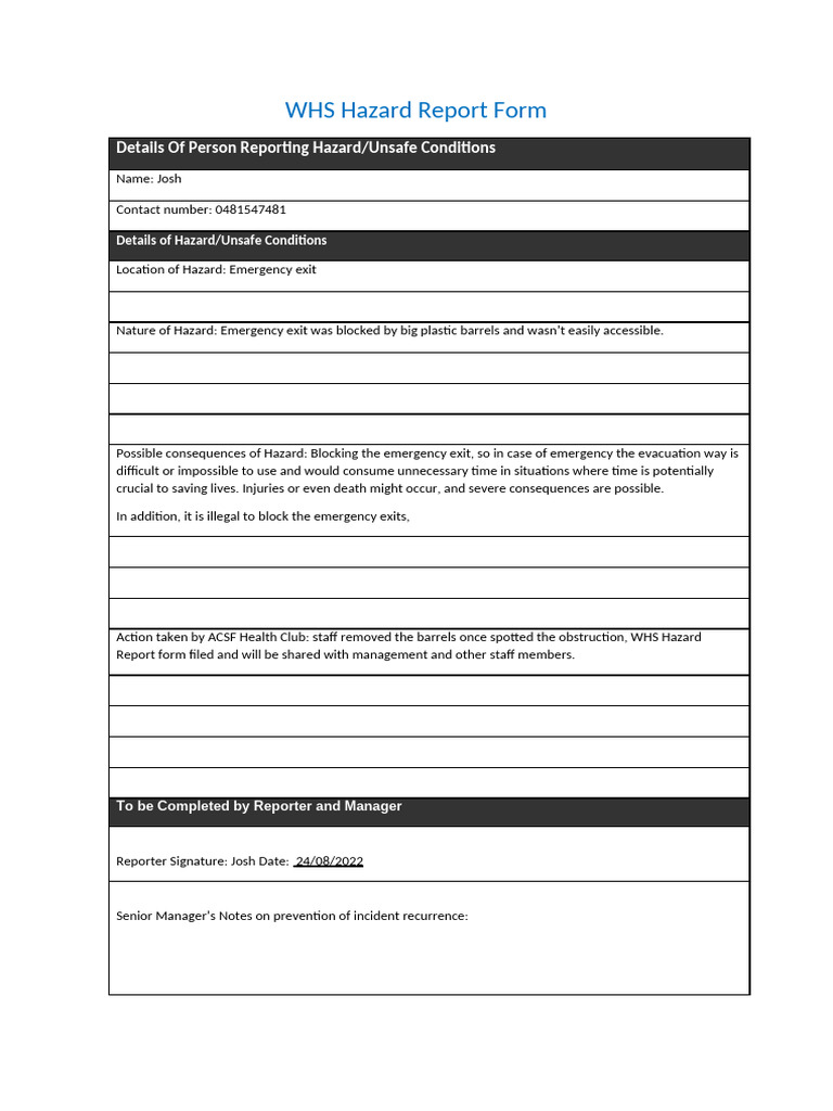 WHS Hazard Report Form | PDF