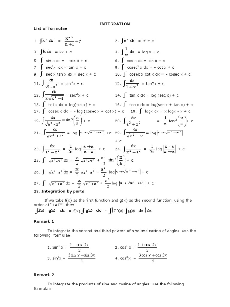 Integ Formulae | PDF | Teaching Methods & Materials | Science & Mathematics