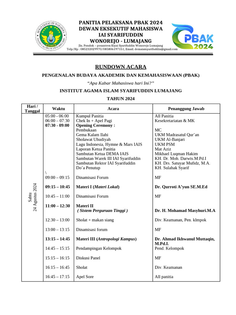 RUNDOWN - PBAK - IAIS - 2024 After Revisi | PDF