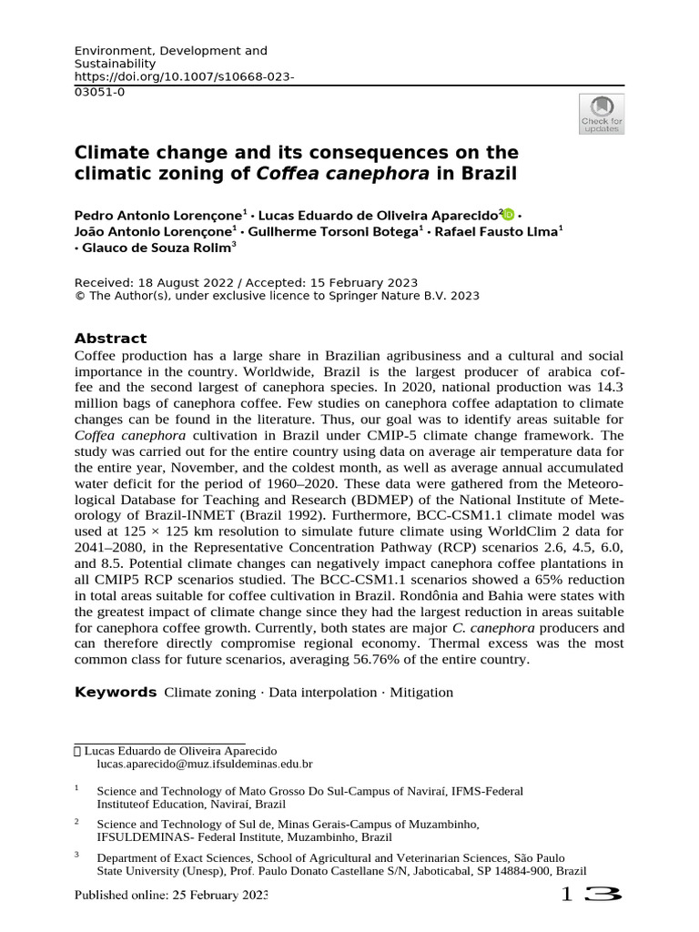 Climate Change and Its Consequences On The Climatic Zoning of Coffea Canephora in Brazil (2023 ...
