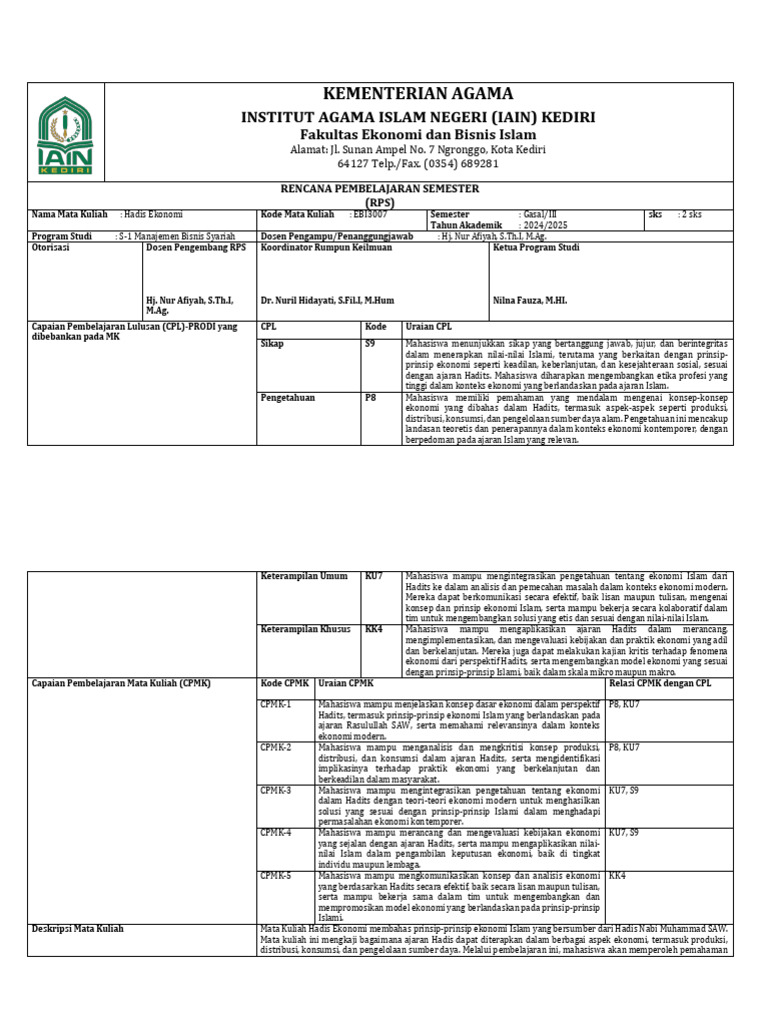 Fix RPS Hadis Ekonomi-Mbs | PDF