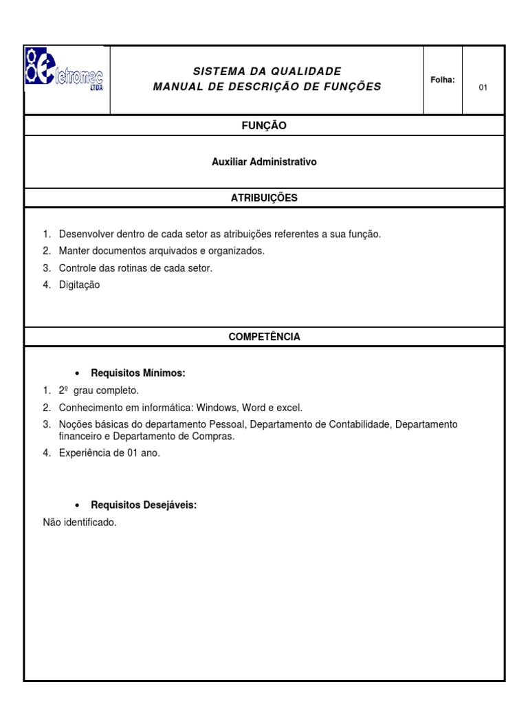 Manual de Descricao de Funcoes-Versao 02 | Contabilidade | Engenharia