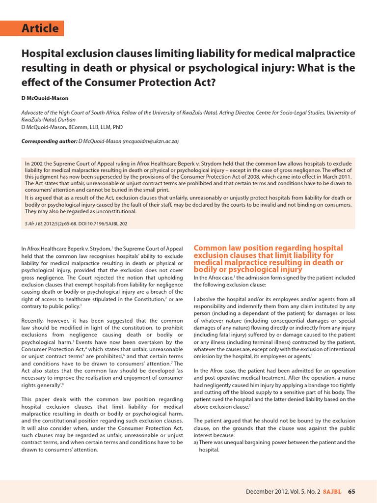 Mcquoid Mason 2012 Hospital Exclusion Clauses Limiting Liability For ...