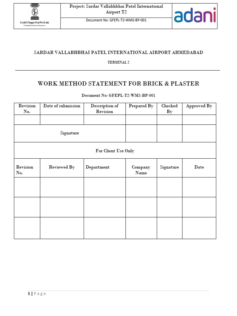 Work Method Statement For Brick & Plaster | PDF