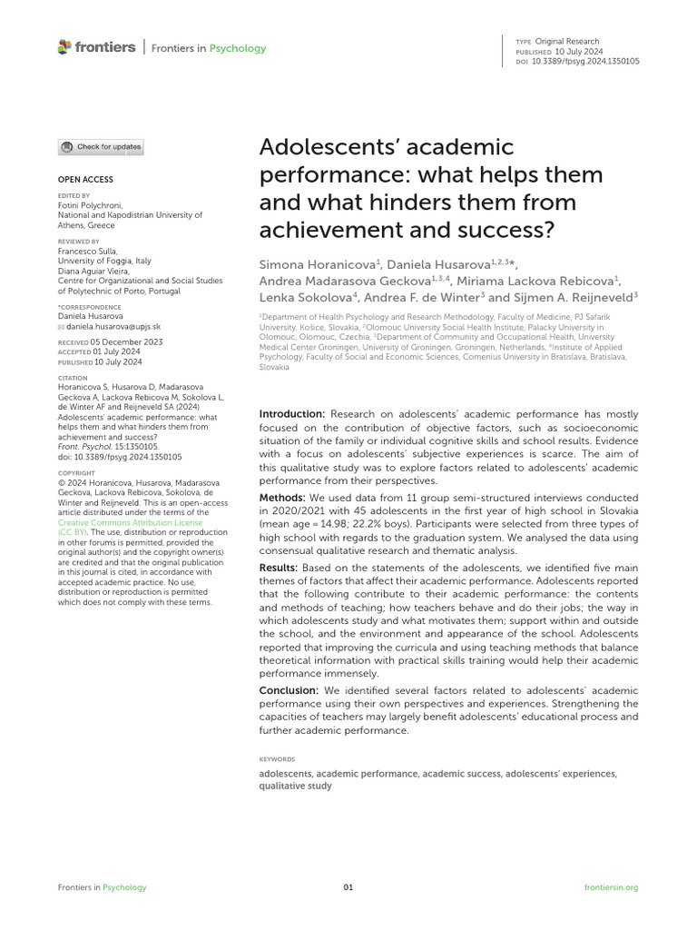 Adolescents' Academic Performance | PDF | Adolescence | Self Efficacy