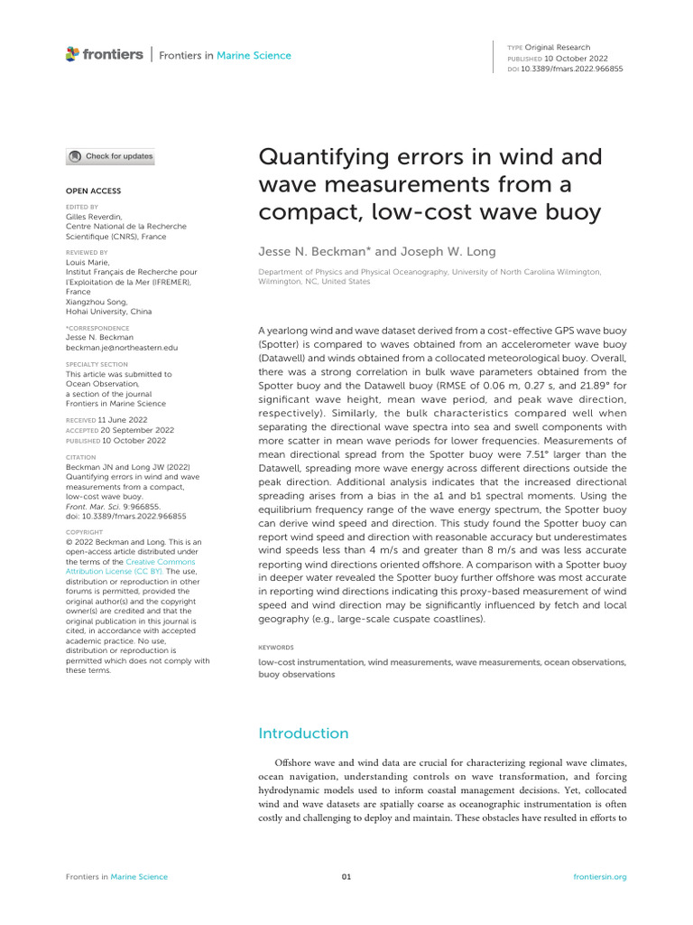 2022 Quantifying Errors in Wind and Wave Measurements From A Compact, Low-Cost Wave Buoy | PDF