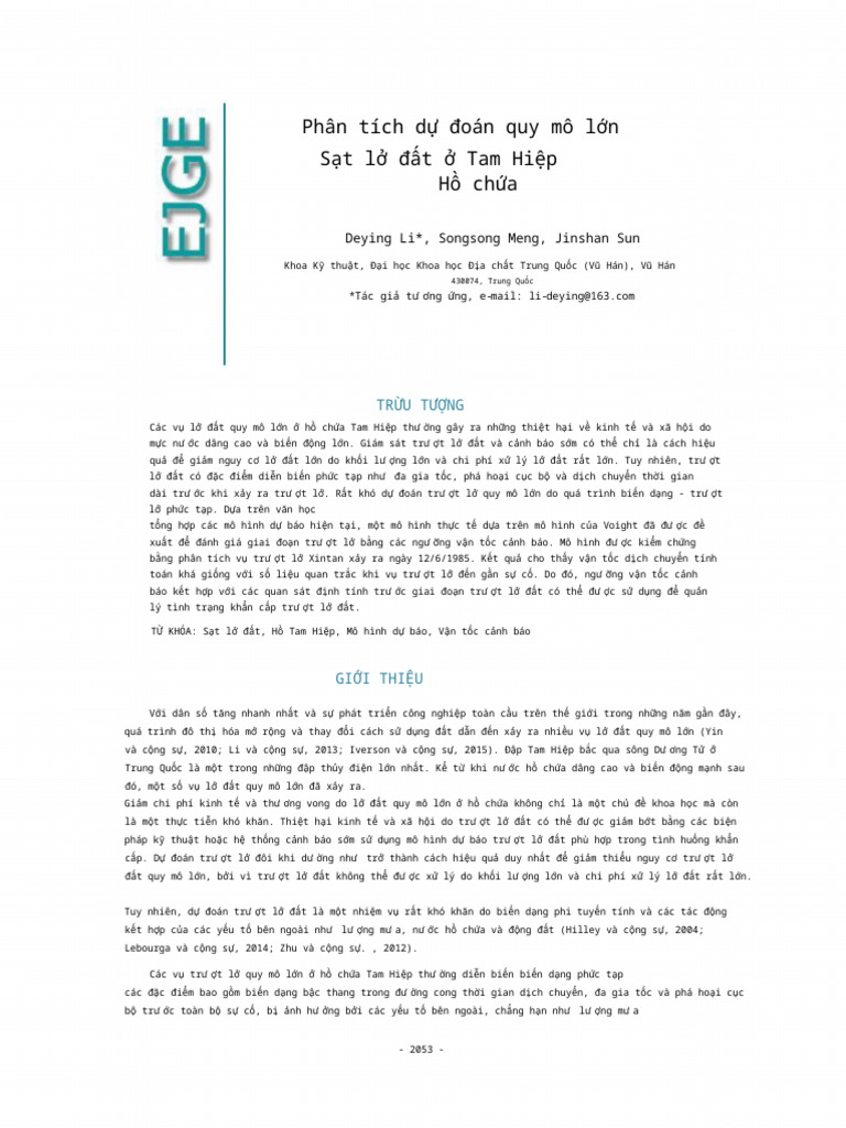 (TV) Li D, Meng S, Sun J (2016) Prediction Analysis of Large-Scale Landslides in The Three | PDF