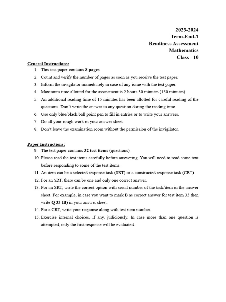 Readiness - Class 10 - Mathematics | PDF