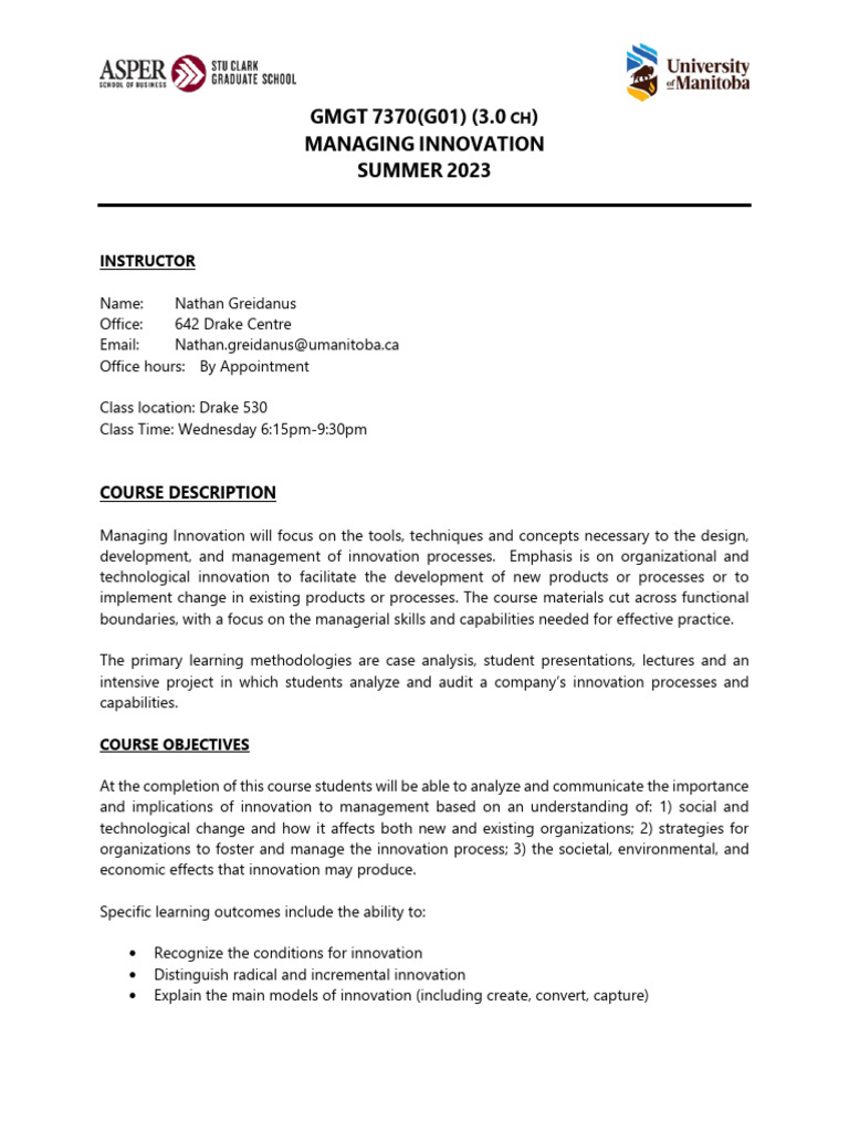 GMGT 7370 Greidanus Summer 2023 | PDF | Innovation | Academic Dishonesty