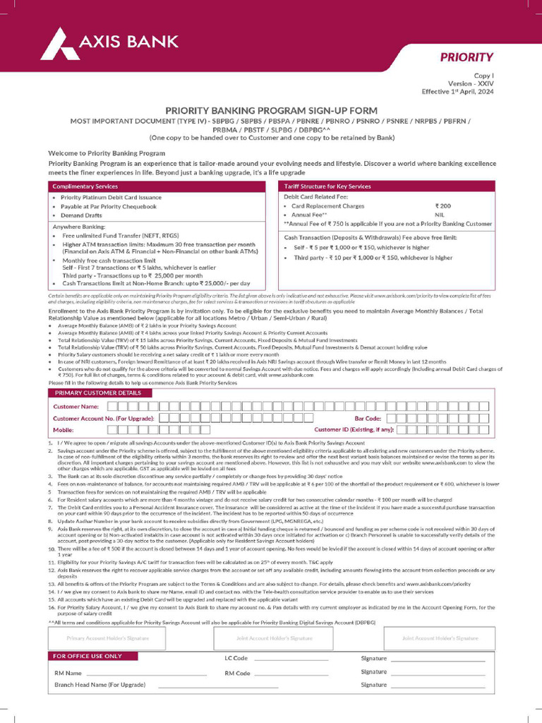 Priority Banking Program Sign Up Form Most Important Document Type IV | PDF
