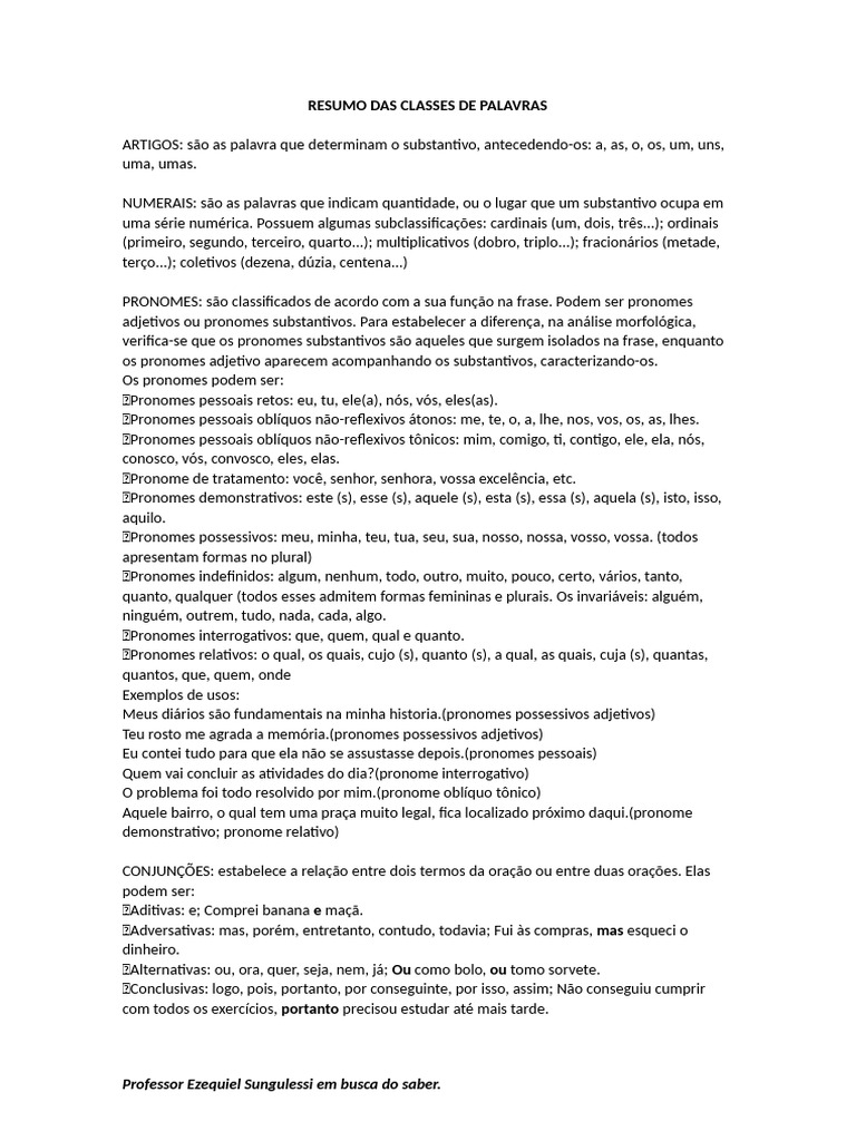 Classes de Palavras (Resumo) | PDF