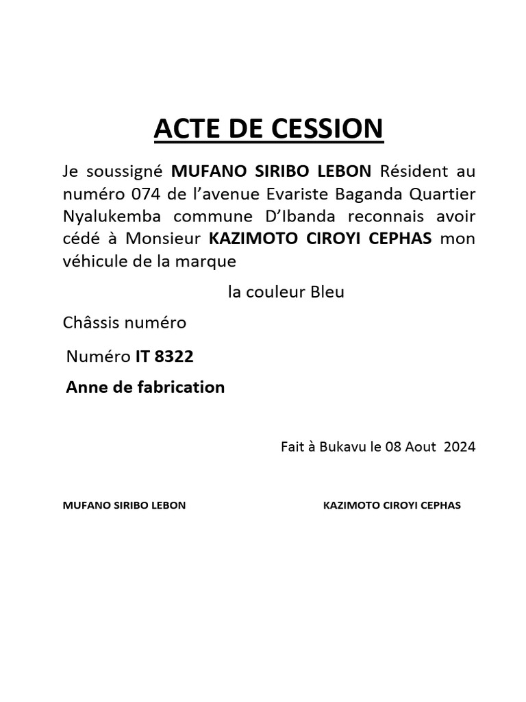 Acte de Cession Kazimoto | PDF