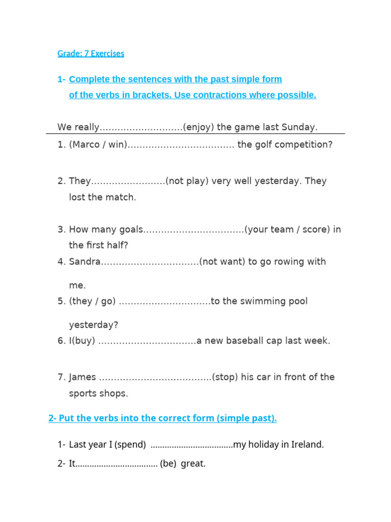 Grade 7 Past Simple Exercises 4 | PDF