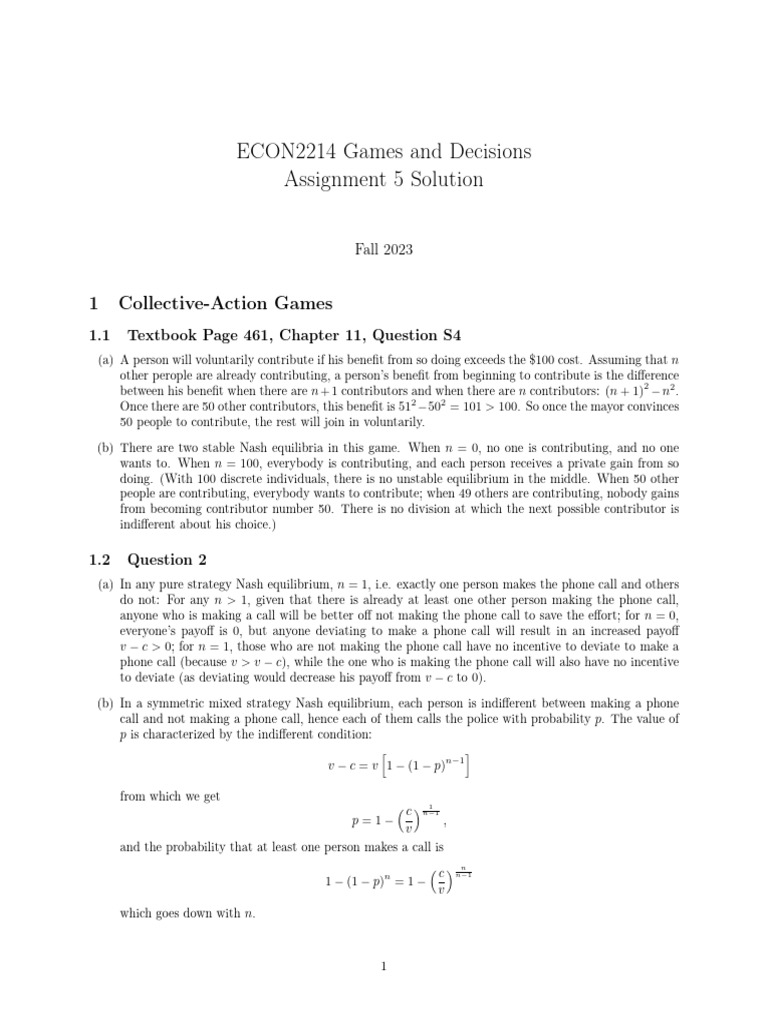 ECON2214 Games and Decisions Assignment 5 Solution | PDF