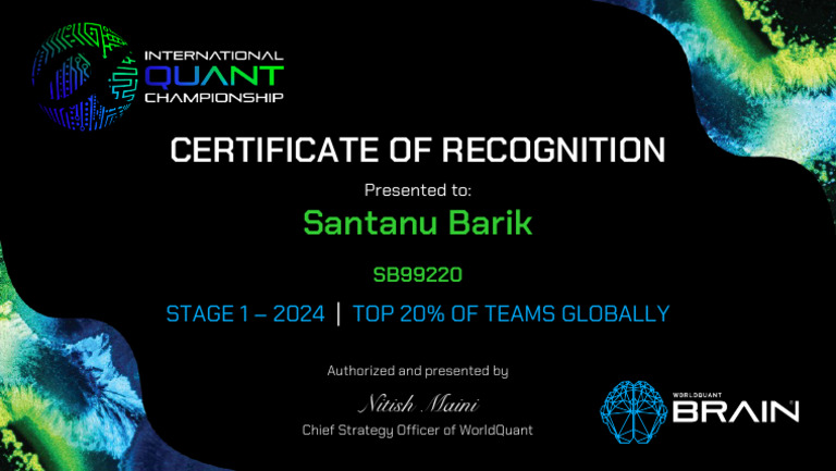 WorldQuant IQC2024 Stage 1 Certificate | PDF