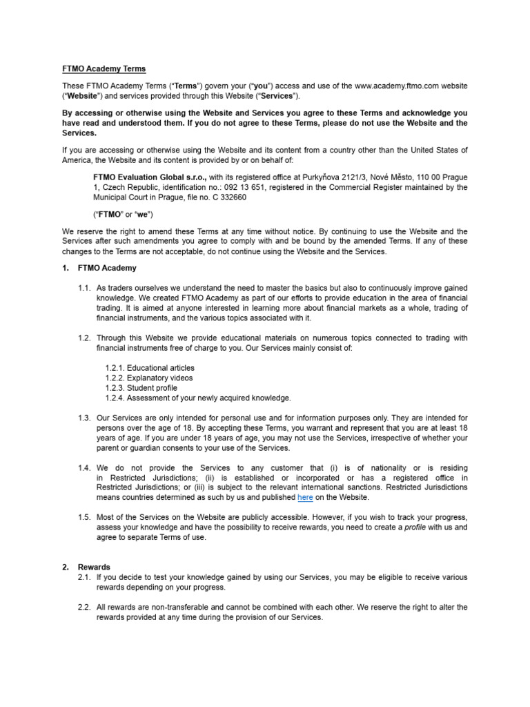 FTMO Academy Terms FTMO Evaluation Global | PDF