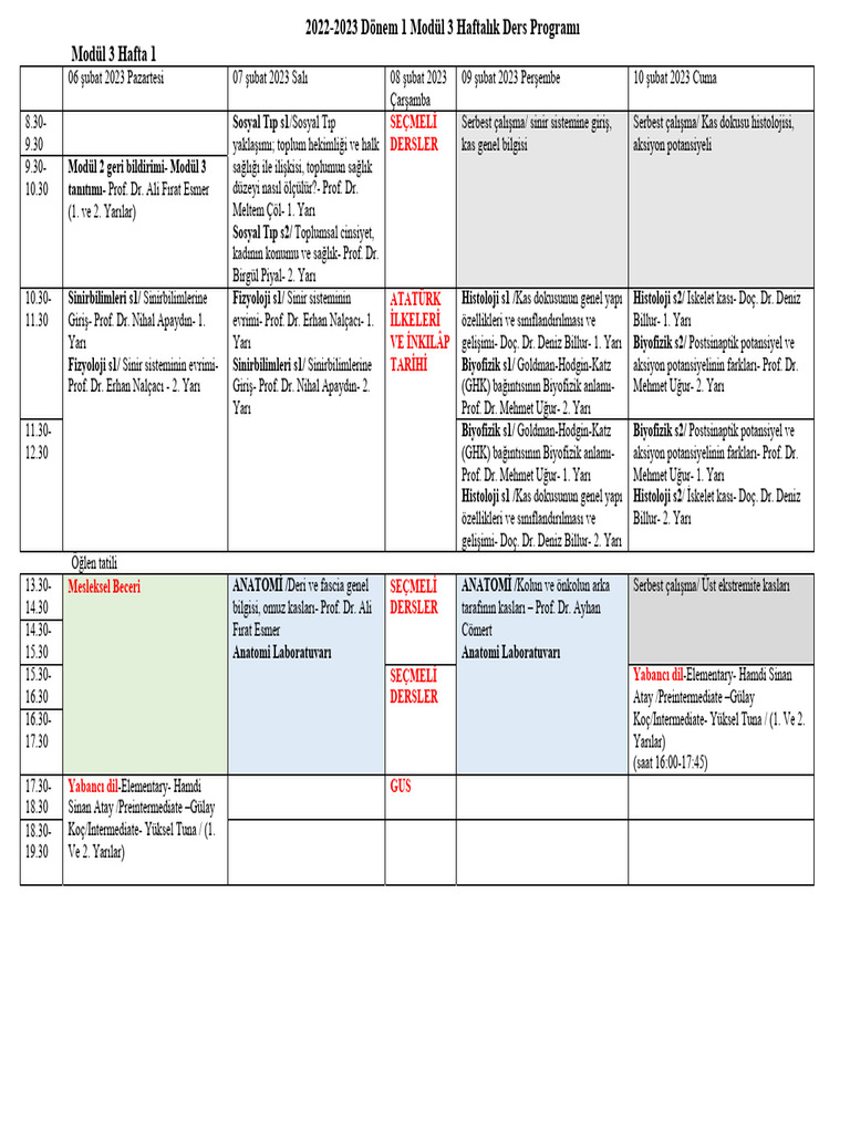2022 2023 Donem 1 Modul 3 Haftalik Ders Programi | PDF