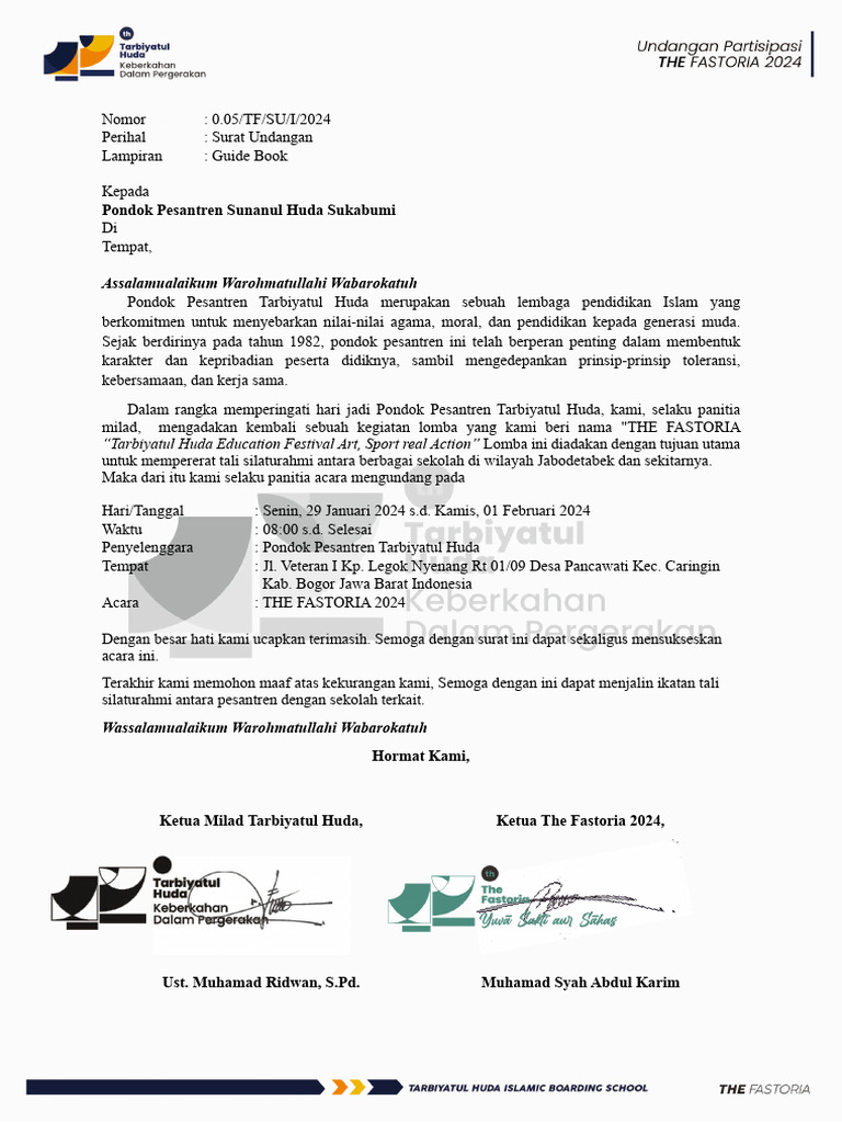 Surat Undangan Ponpes Sunanul Huda Sukabumi | PDF