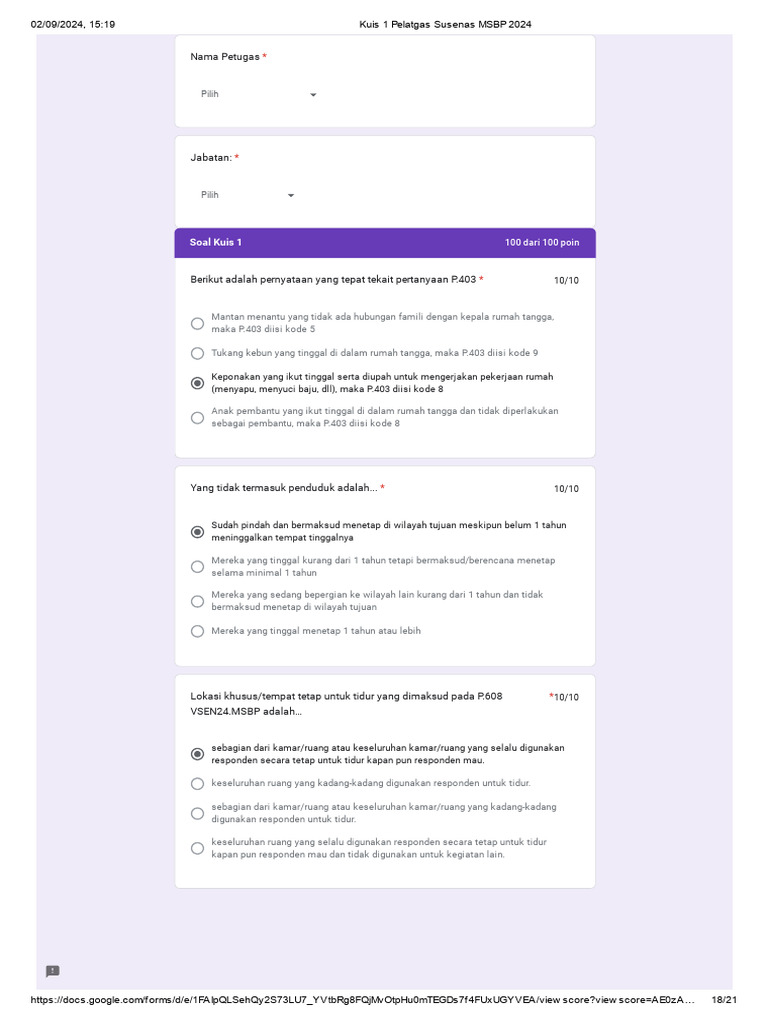 Kuis 1 Pelatgas Susenas MSBP 2024 | PDF