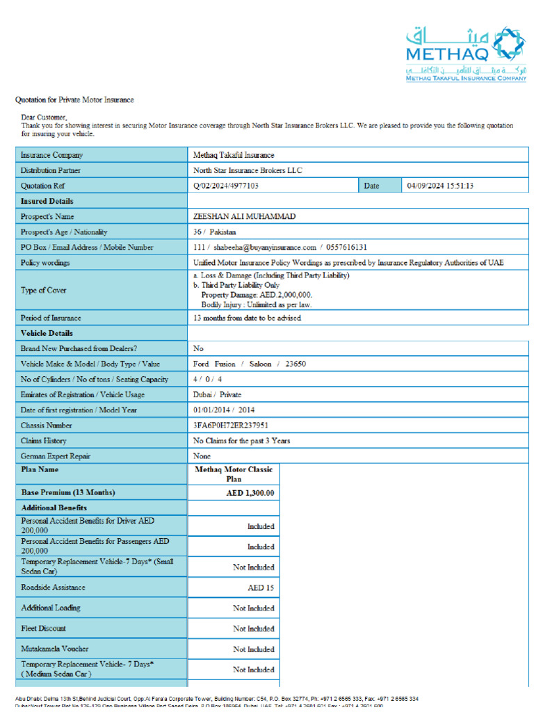 Methaq Ford Fusion 2014 Insurance | PDF