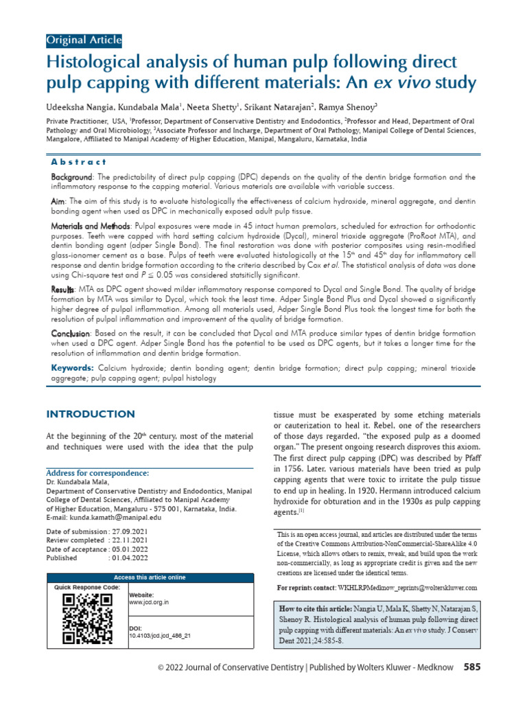 Histological Analysis of Human Pulp Following.12 | PDF