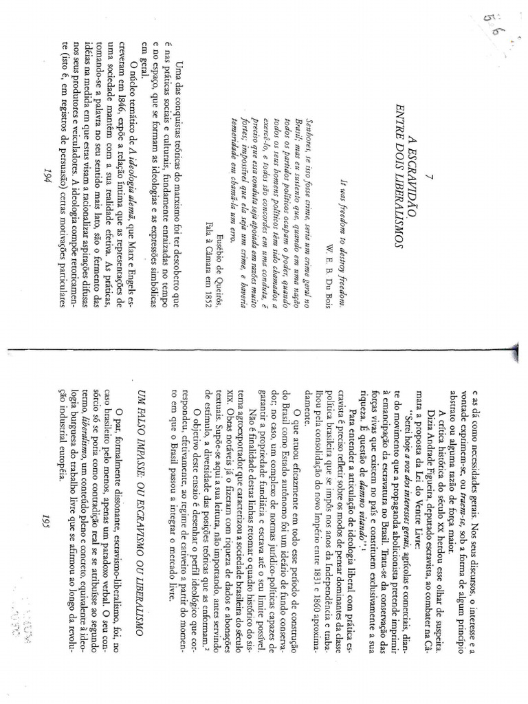 TEXTOS 6 e 7 BOSI, Alfredo. A Escravidão Entre Dois Liberalismos. | PDF