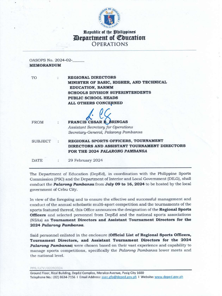 OASOPS-Memo-2024Palaro RSOs TDs ATDs-SIGNED | PDF
