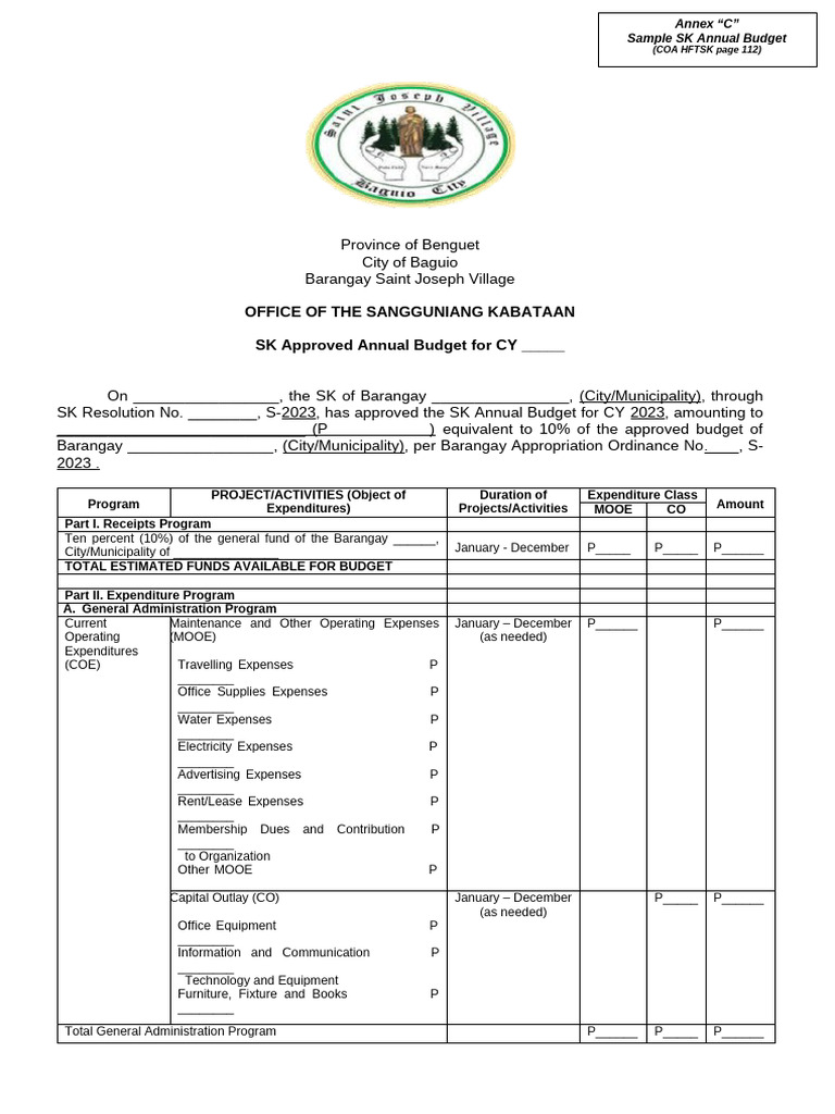 3.5 SK MC - ANNEX C SAMPLE SK Approved Annual Budget SKFPD Policy ...