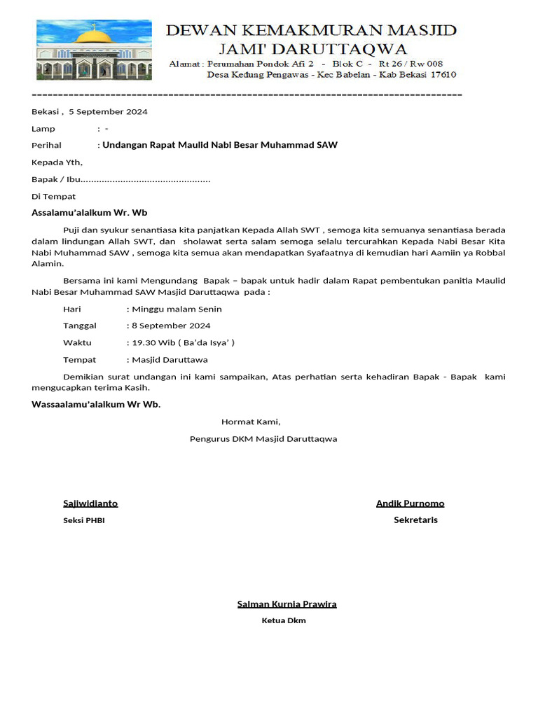 Undangan Rapat PHBI Maulid Nabi Besar Muhammad SAW Tanpa TTD | PDF
