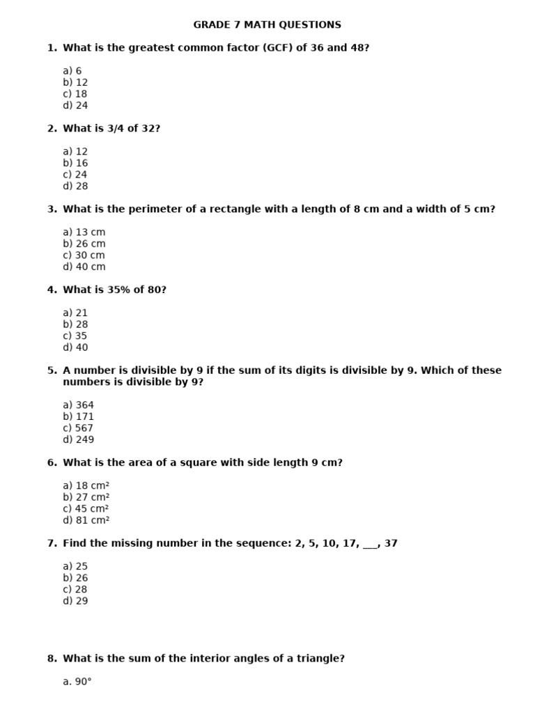 Grade 7 Math Questions | PDF