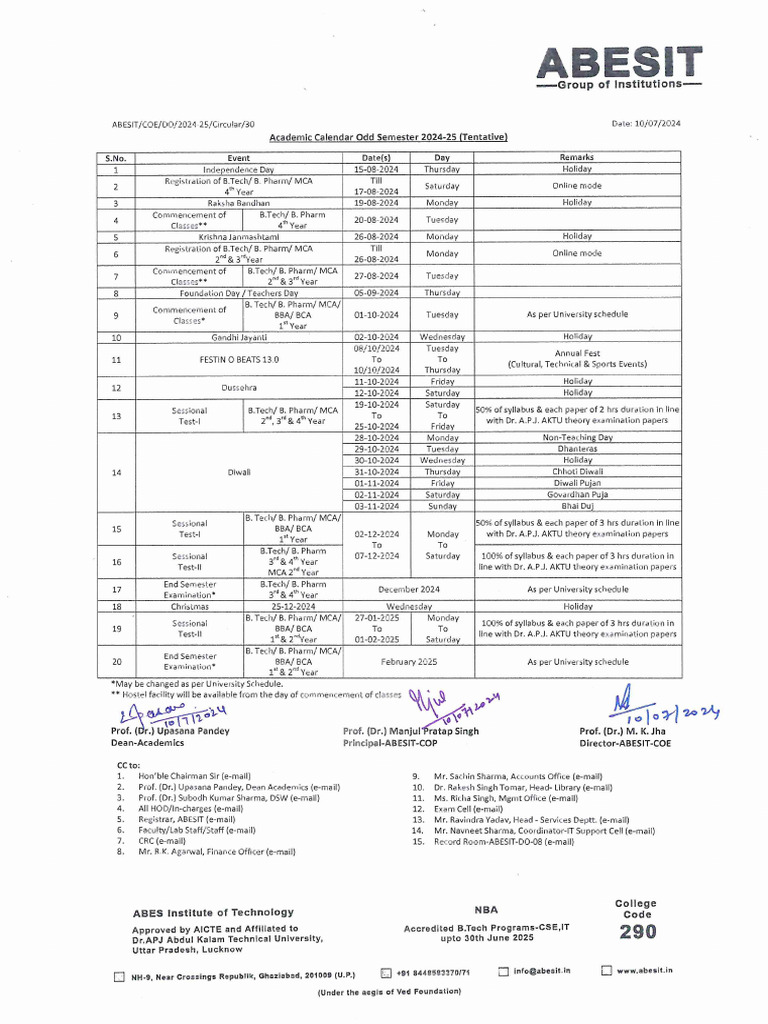 Academic Calendar Odd Semester 2024-25 (Tentative) | PDF
